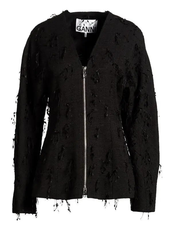 GANNI Textured Fringe Zip-up Jacket - Black