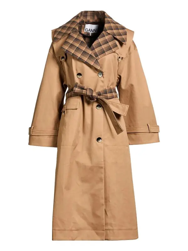 GANNI Double-breasted Trench Coat With Plaid Accents - Nude