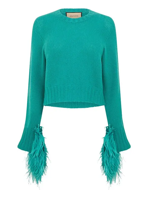 Gucci Crewneck Sweater With Feather Trim - Green