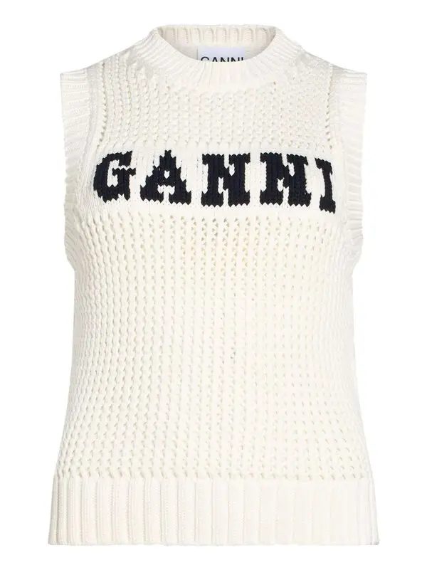 GANNI Sleeveless Knit Top With Embroidered Logo - White