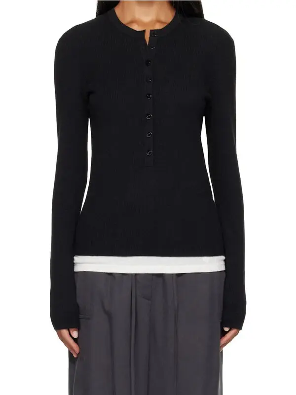 LISA YANG Ribbed Knit Button Front Sweater - Black