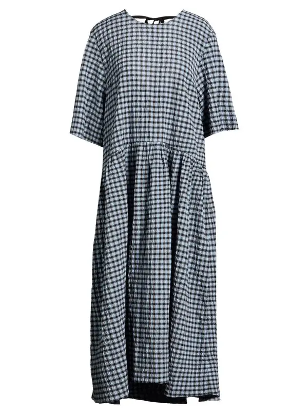 GANNI Checked Crewneck Short Sleeve Midi Dress - Gray