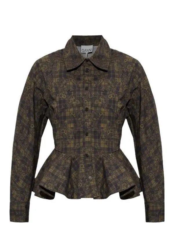 GANNI Graphic Print Peplum Blouse - Green