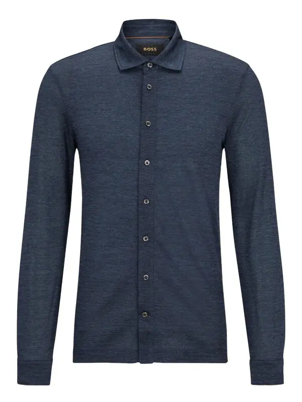 Hugo Boss Heathered Navy Collared Longsleeve Knit Shirt - Blue