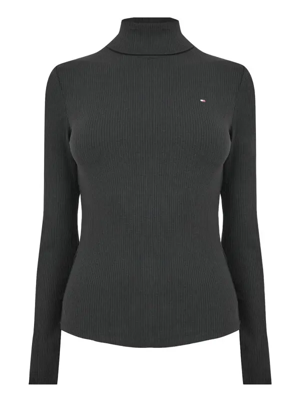 Tommy Hilfiger Dark Grey Ribbed Turtleneck Knit Top - Black