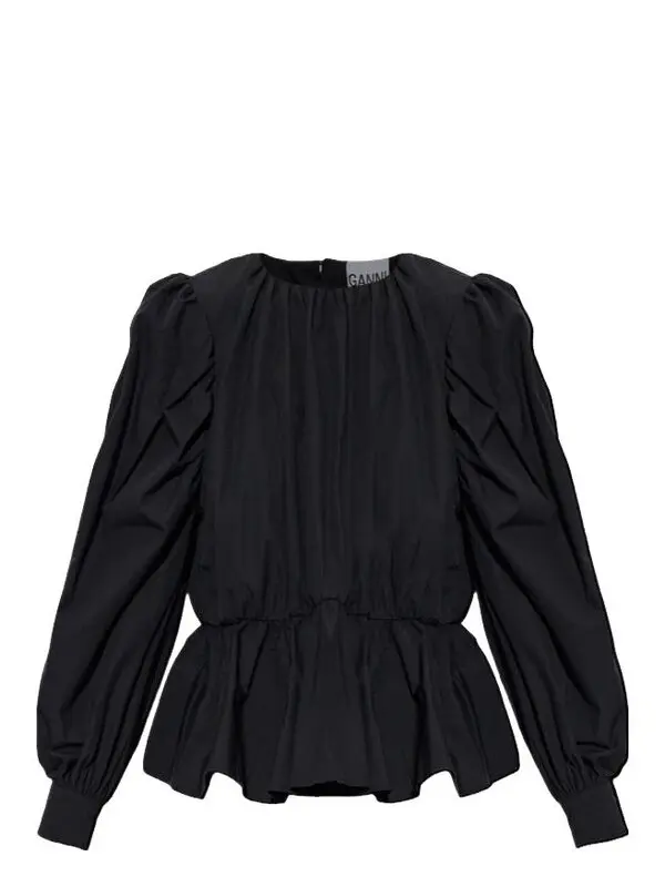 GANNI Voluminous Puff Sleeve Cotton Top - Black