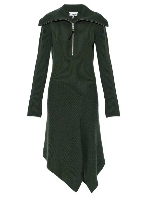 GANNI Ribbed Knit Midi Dress With High Neck And Zip Detail - Green