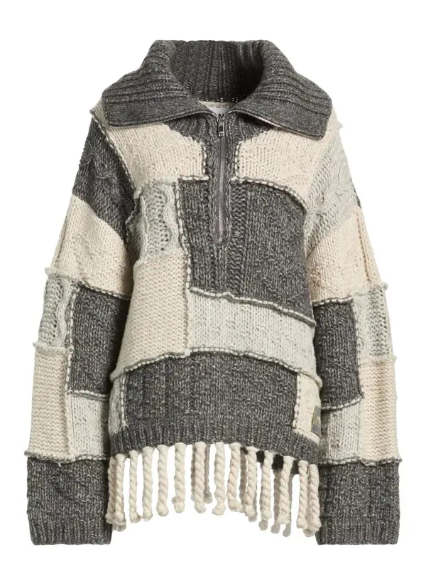 GANNI Patchwork Intarsia Knit Long Sleeve Half-zip Jumper With Fringe - Grey