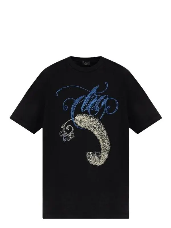 Etro Cotton T-shirt With Logo Embroidery And Feather Print - Black