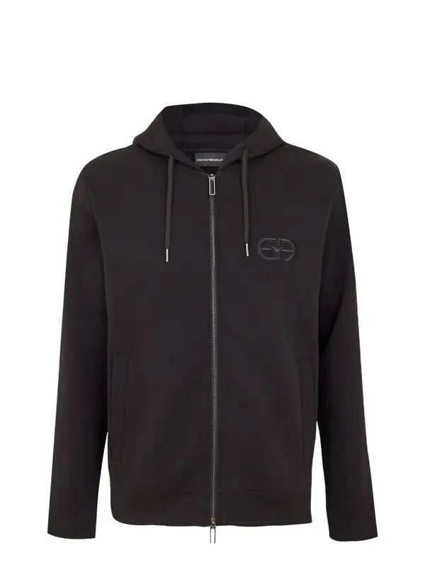 Emporio Armani Full-zip Hoodie With Embroidered Logo - Black