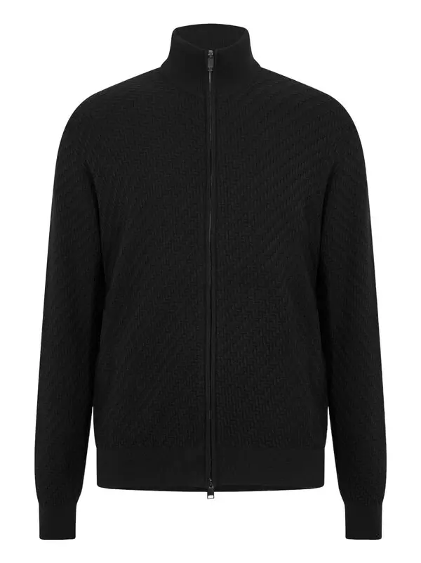 Brioni Diagonal Jacquard Knit Zip-up Cardigan - Black
