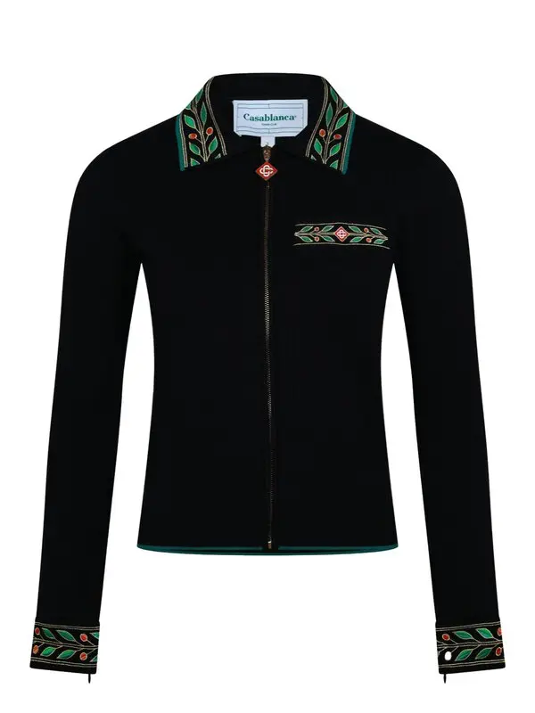 Casablanca Embroidered Zip-up Knit Jacket - Black