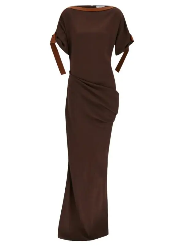 FERRAGAMO Long Viscose Dress With Gathered Detail - Espresso
