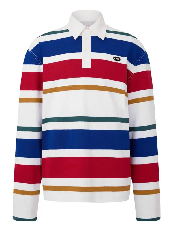 AMI Paris Multicolored Striped Longsleeve Polo Shirt - White