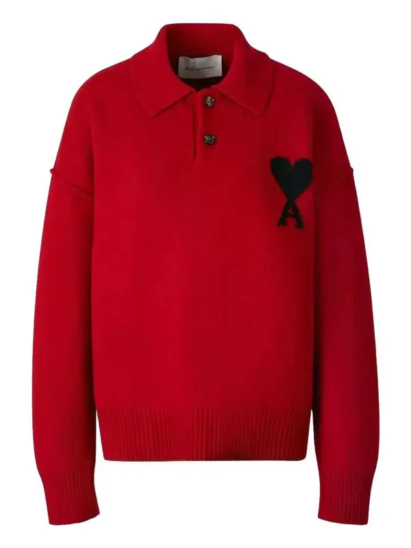 AMI Paris De Coeur Merino Wool Polo Sweater - Red