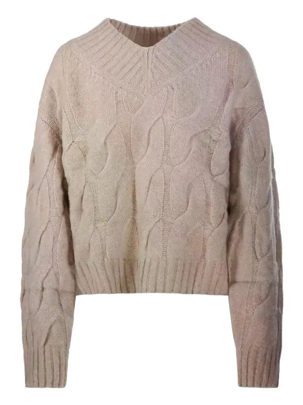 ALLUDE Cable Knit V-neck Sweater - Neutrals
