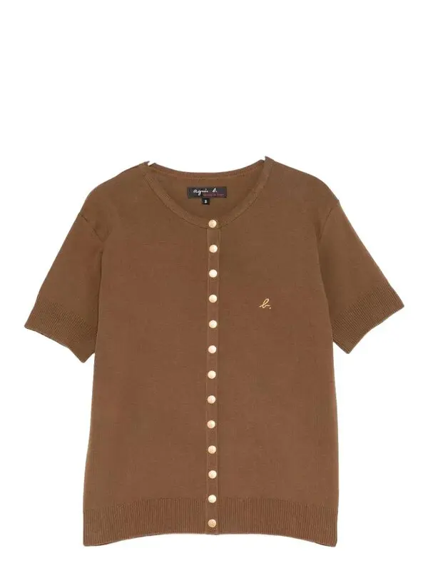 AGNES B. Camel Cotton Short Sleeve Cardigan - Brown