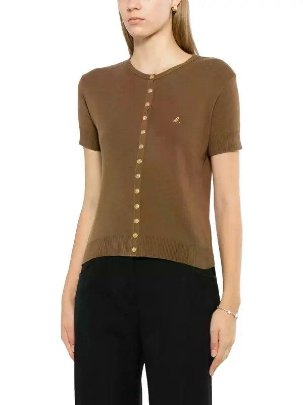 AGNES B. Camel Cotton Short Sleeve Cardigan - Brown