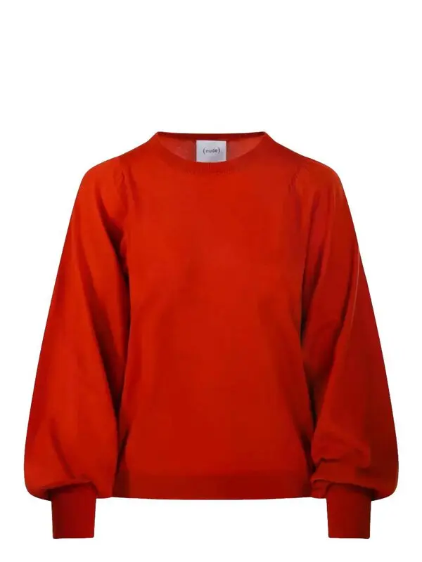 NUDE Puff-sleeve Fine Knit Crew Neck Sweater - Orange