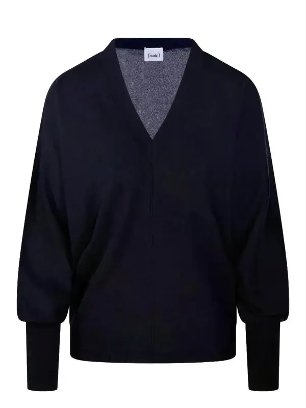 NUDE V-neck Puff-sleeve Fine Knit Sweater - Blue