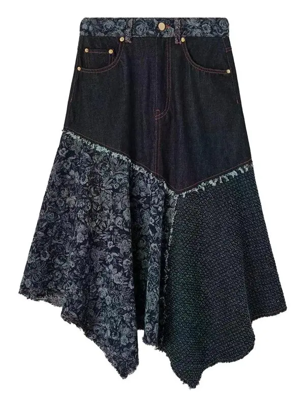 GANNI Patchwork Frayed-edge Denim Skirt - Blue