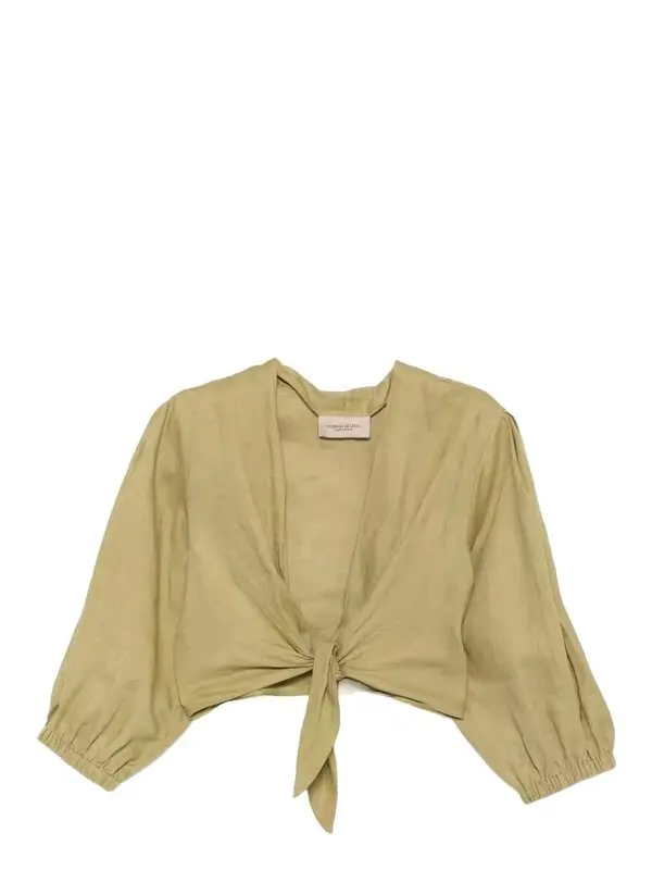 ADRIANA DEGREAS Front-tie Balloon-sleeve Cropped Top - Neutrals