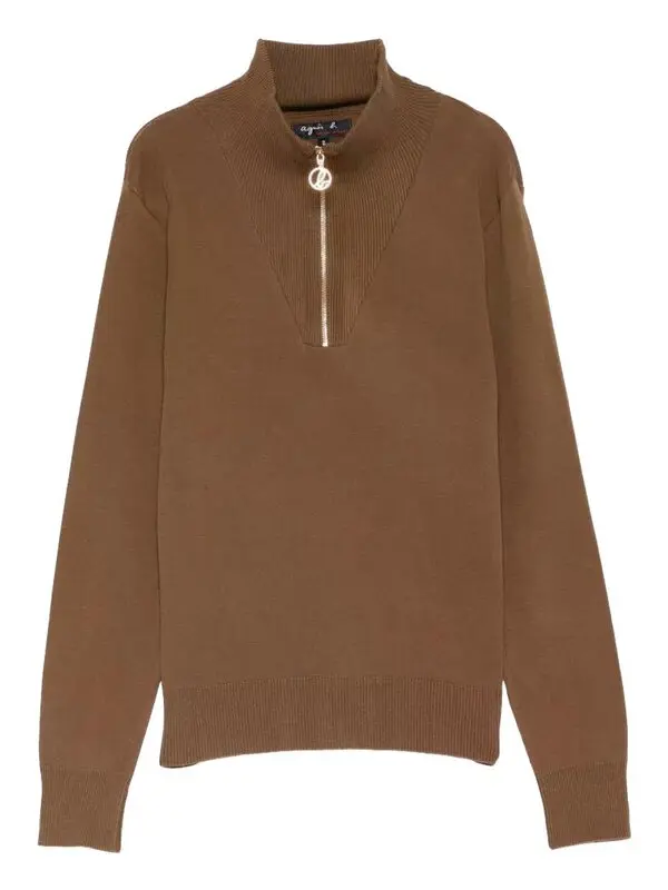 AGNES B. Quarter-zip Knit Top - Brown