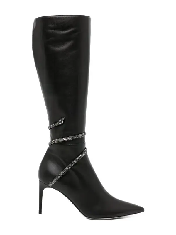 Rene Caovilla Leather Embellished Stiletto Boots - Black