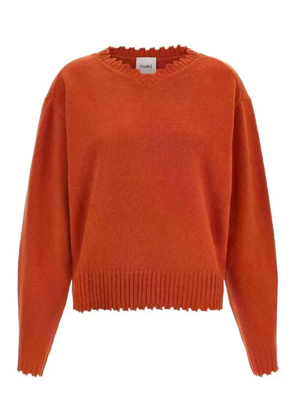 NUDE Cashmere V-neck Sweater With Frayed Edges - Orange