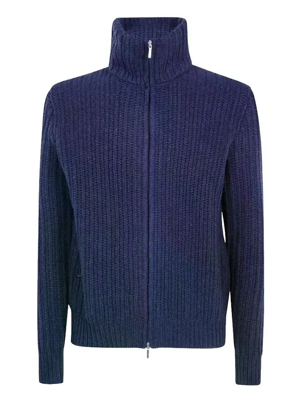 BARBA NAPOLI Ribbed Knit Zip-up Cardigan - Blue