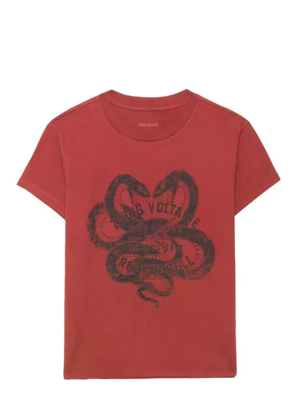 Zadig&Voltaire Cotton Snake Print Rhinestone Embellished T-shirt - Red