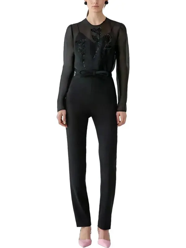 Carolina Herrera Sheer Floral Embroidered Long Sleeve Blouse - Black