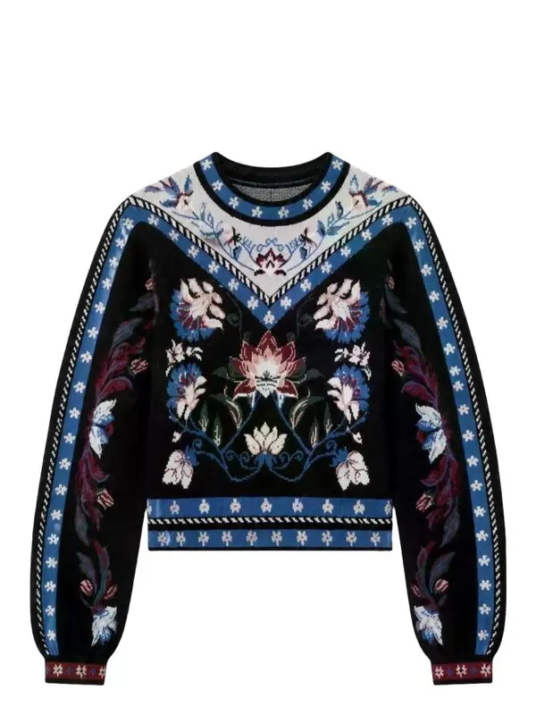 Farm Rio Floral Intarsia Knit Crew Neck Sweater - Black