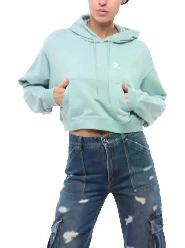 CONVERSE Logo Detail Cropped Cotton Hoodie - Blue