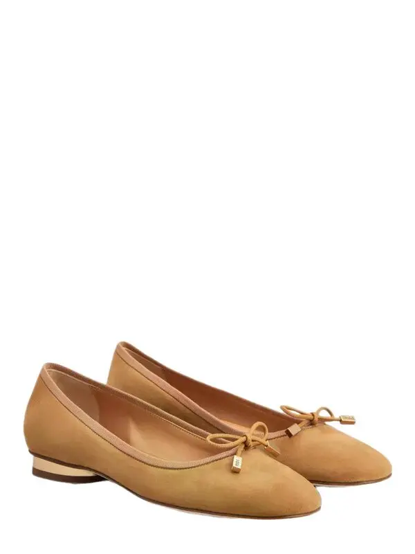 TOD'S Suede Ballet Flats With Bow Detail And Gold Tone Heel - Brown