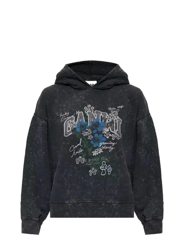 GANNI Graphic Print Cotton Hoodie - Black
