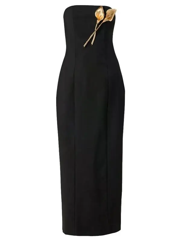 Carolina Herrera Calla Lily Brooch Strapless Midi Dress - Black