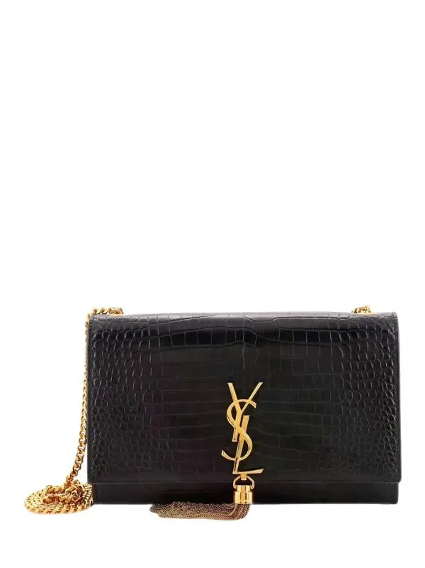 Saint Laurent Monogram Tassel Crocodile Embossed Leather Medium Crossbody Bag - Black