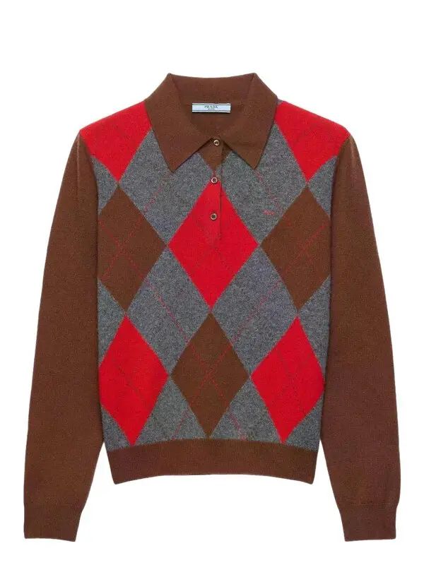 Prada Argyle Cashmere Polo Sweater - Brown