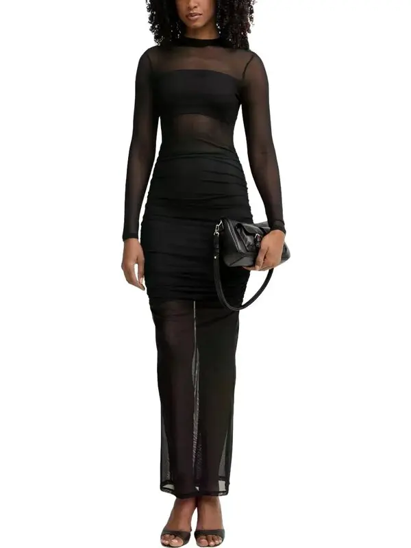 Guess Sheer Ruched High Neck Maxi Dress - Black
