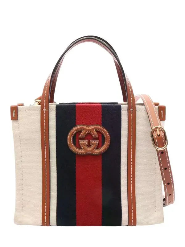 Gucci Mini Canvas Interlocking G Web Tote Satchel - Neutrals
