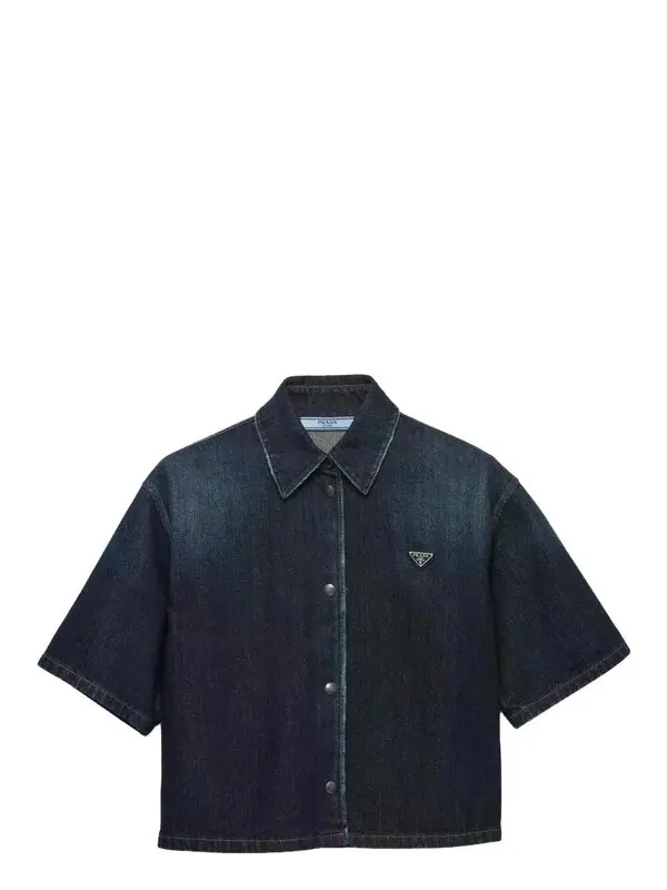 Prada Short-sleeved Denim Shirt With Enameled Triangle Logo - Blue