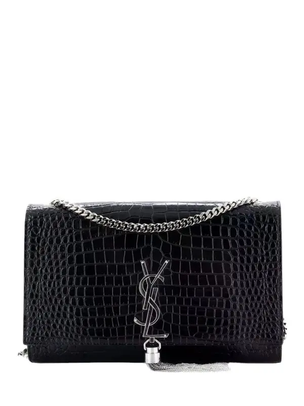 Saint Laurent Classic Monogram Tassel Crocodile Embossed Leather Medium Crossbody Bag - Black
