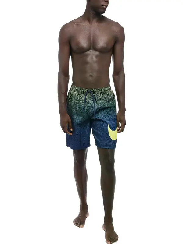 Nike Logo Print Grid Pattern Swim Trunks - Blue