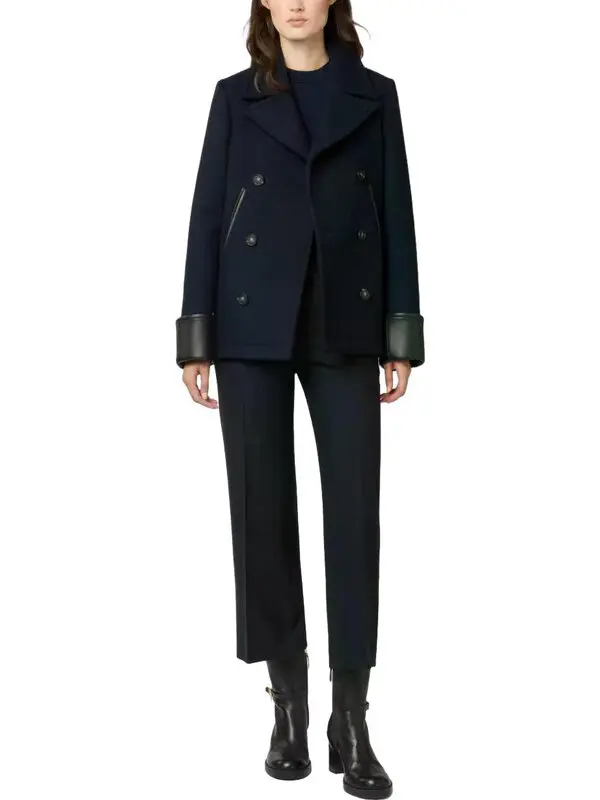 TOD'S Wool Peacoat With Leather Accents - Blue