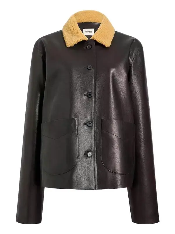 Khaite Wilson Caban Leather Shearling Collar Jacket - Black