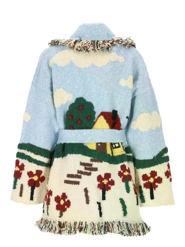 Alanui Fringed Intarsia-knit Cardigan-coat - Blue