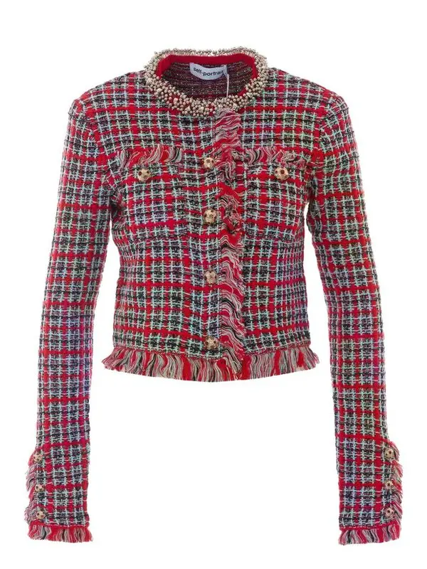 SELF-PORTRAIT Checked Frayed Knit Jacket With Embellished Collar - Red