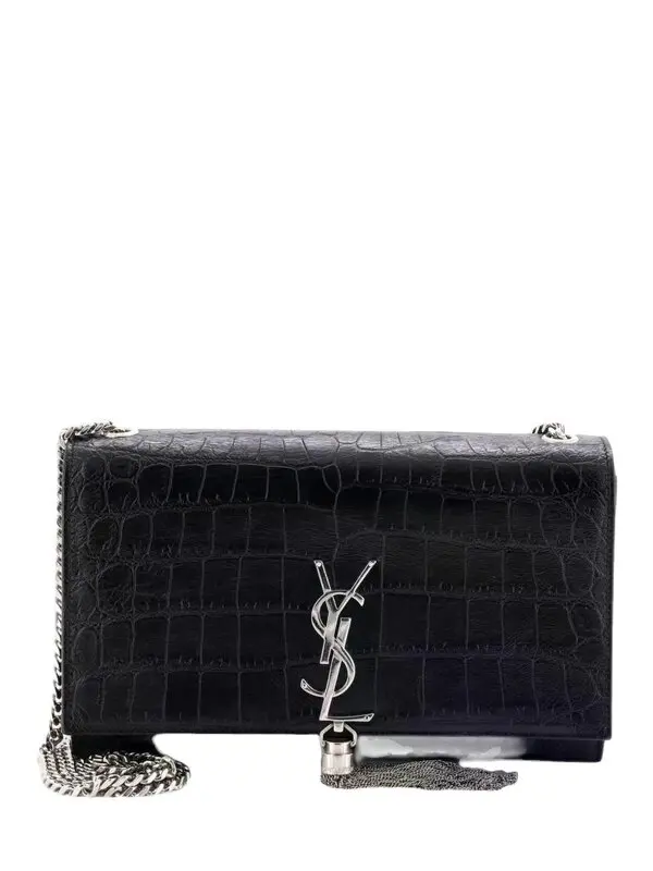 Saint Laurent Monogram Tassel Crocodile Embossed Leather Medium Crossbody Bag - Black