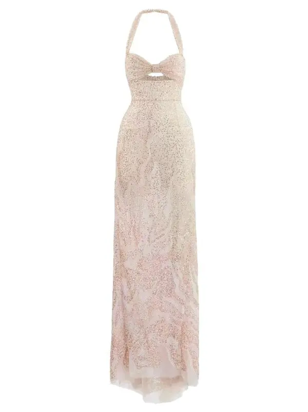 SAIID KOBEISY Embroidered Tulle Fitted Maxi Dress - Gold